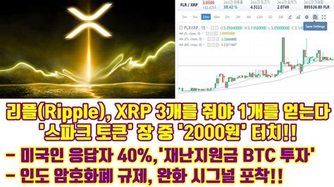 리플ripple Xrp 3개를 줘야 1개를 얻는다 스파크 토큰 장 중 2000원 터치 미국인 응답자 40 재난지원금 Btc투자 인도 암호화폐 규제