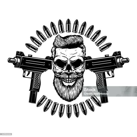 교차 돌격 소총을 가진 두개골의 그림 라벨 기호 엠블럼에 대한 디자인 요소 벡터 그림 Ar 15 소총에 대한 스톡 벡터 아트 및