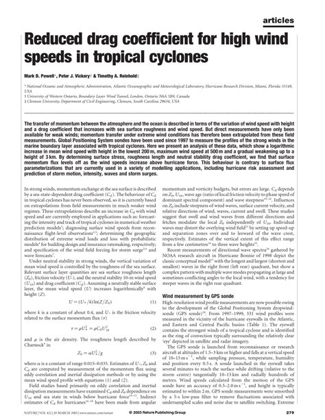Pdf Reduced Drag Coefficient For High Wind Speeds In Tropical Cyclones