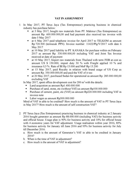 VAT In Assignment Exercise Questions About VAT VAT IN ASSIGNMENT In May PT Terus
