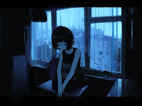 Safebooru 1girl Black Hair Black Tank Top Guitar Highres Indoors