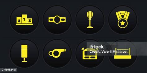 세트 펀칭 백 메달 휘파람 스톱워치 복싱 벨트 반지 및 스포츠 우승자 연단 아이콘에 대한 상 벡터 Championship에 대한 스톡 벡터 아트 및 기타 이미지 Istock