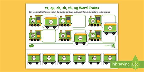 Editable Zz Qu Ch Sh Th Ng Phase Phonics Train Cut And Stick Matching