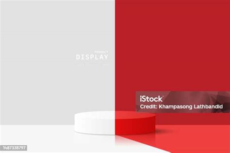 현대 3d 실린더 연단 받침대는 사실적이거나 흰색과 빨간색이 대조되는 두 가지 색상의 쇼케이스를 위한 무대입니다 모형 장면입니다 제품 프리젠테이션 또는 판촉을 위한 디자인