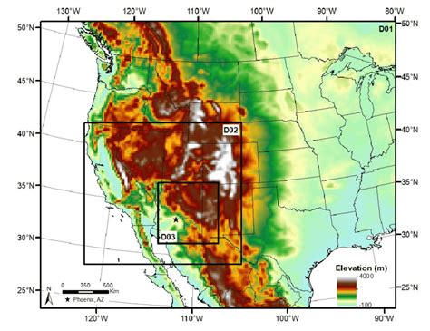 Wrf Chem Nested Model Domains With Terrain Elevation In Meters