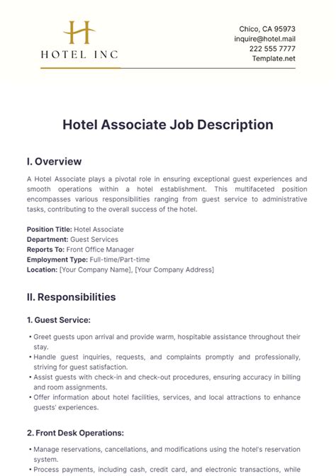 Free Hotel Associate Job Description Template To Edit Online