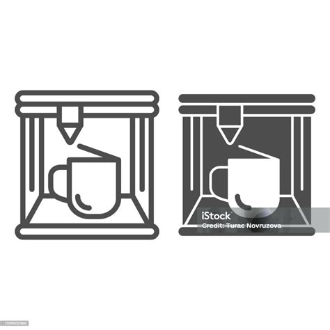 3d 프린팅 컵 라인과 글리프 아이콘 흰색에 격리 된 3d 머그컵 인쇄 벡터 그림입니다 웹 및 응용 프로그램을 위해 설계된 3