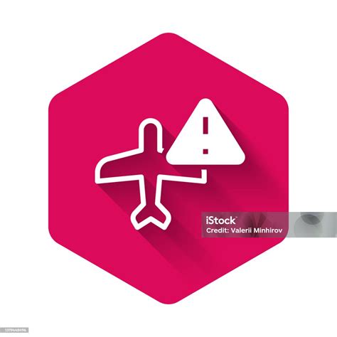 긴 그림자 배경으로 격리된 흰색 경고 항공기 아이콘입니다 결함이 있는 평면입니다 비행 금지 구역 비행기는 운송 및 여행에