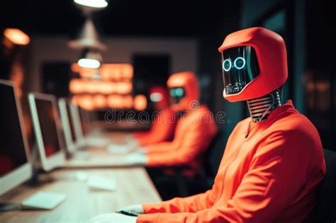 Futuristic Robots In Red Suits Working At Computers In Modern Office