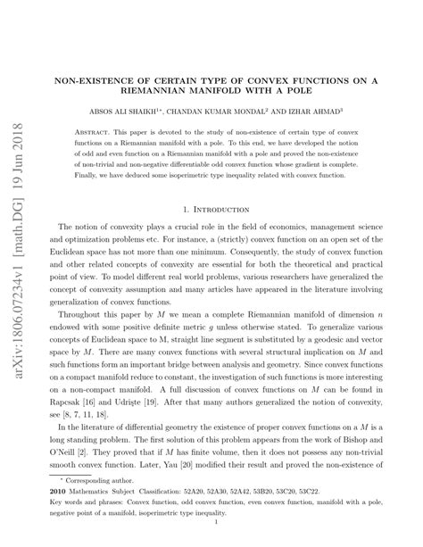 PDF Non Existence Of Certain Type Of Convex Functions On A Riemannian Manifold With A Pole
