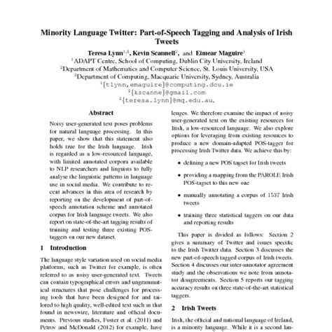 Minority Language Twitter Part Of Speech Tagging And Analysis Of Irish Tweets Acl Anthology