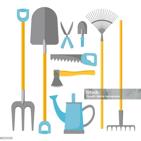 원예 도구는 흰색 배경에 격리 설정 양동이 삽 피치 포크 레이크 프루너 도끼 톱 급수 캔 정원 삽 만화 간단한 플랫 스타일의 벡터 일러스트레이션 가위에 대한 스톡 벡터 아트