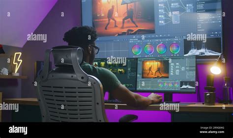 African American Editor Makes Color Correction Edits Action Movie Works At Home Software
