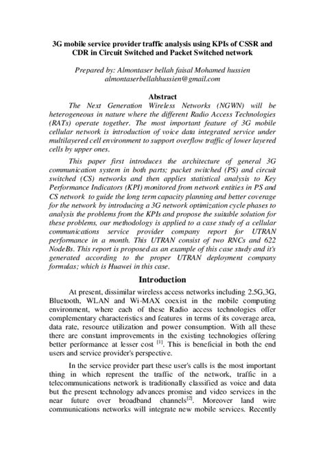 3g Mobile Service Provider Traffic Analysis Using Kpis Of Cssr And Cdr In Circuit Switched And