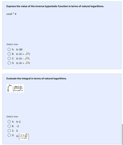 Express The Value Of The Inverse Hyperbolic Function In Terms Of Natural