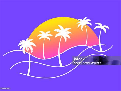 보라색 배경에 야자수와 떠오르는 태양이 있는 선 풍경 윤곽선 미니멀리스트 스타일의 여름 열대 풍경 티셔츠 및 배너 인쇄 디자인