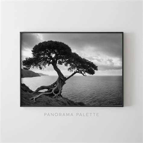 Monochrome Cliffside Tree Twisted Roots And Sea Solitary Tree Perilous Edge Cloudy Sky