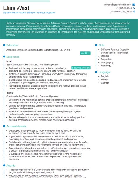 Semiconductor Wafers Diffusion Furnace Operator Resume Template Resumegemini Online Resume