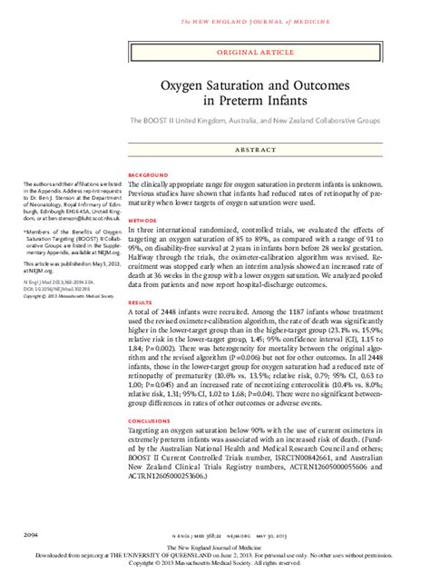Pdf Oxygen Saturation And Retinopathy Of Prematurity Rob Primhak