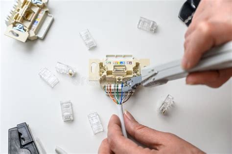 Mounting The RJ45 Module Attaching The Wire To The Computer Socket In The Room Stock Image