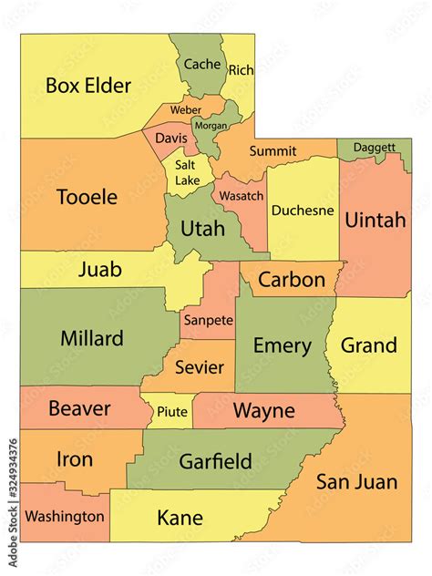 Colorful County Map With Counties Names Of The Us Federal State Of Utah