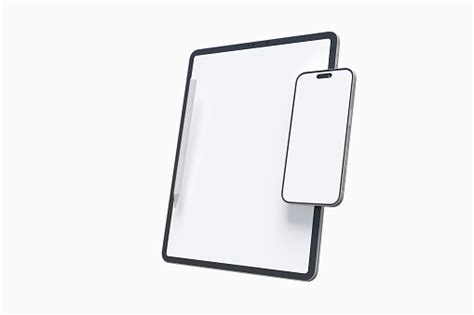 사실적인 현대 태블릿 연필 및 스마트 폰 디지털 장치 모형 전면 뷰는 배경에 고립 된 빈 화면입니다 Ui Ux 앱 및 웹 사이트 프레젠테이션을 위한 기술 빈 디스플레이