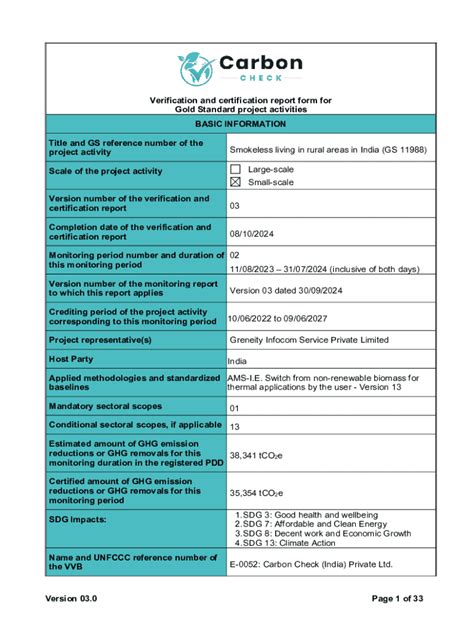 Fillable Online Verification And Certification Report For Gold Standard