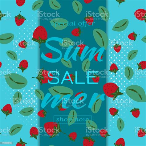 여름 판매를 위한 템플릿입니다 딸기와 파란색 배경의 나뭇잎 패턴입니다 벡터 일러스트입니다 꽃의 유행 빨간색과 파란색 그늘 개념에 대한 스톡 벡터 아트 및 기타 이미지