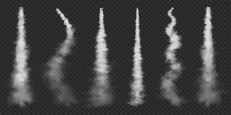 현실적인 비행기 응축 트레일 우주 로켓 발사 미사일 또는 총알 트레일 제트 항공기 트랙 흰 연기 구름 안개 증기 흐름 벡터 그림 프리미엄 벡터