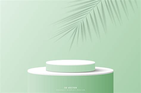 3d 흰색 녹색 실린더 연단 받침대는 야자수 잎 그림자 배경이 있는 거대한 둥근 받침대에 현실적으로 배치됩니다 제품 모형 또는