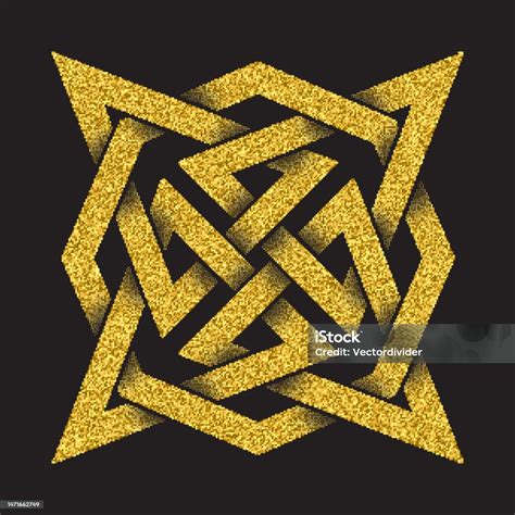 검은 배경에 켈트 매듭 스타일의 황금 반짝이는 템플릿입니다 네 개의 뾰족한 별 미로 형태의 부족 상징 보석 디자인을 위한 금 장식 0명에 대한 스톡 벡터 아트 및 기타