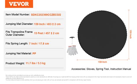 VEVOR Replacement Trampoline Mat Fits 15ft Frame 96 V-Rings 7" Spring ...