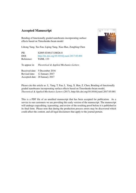 Pdf Bending Of Functionally Graded Nanobeams Incorporating Surface Effects Based On Timoshenko