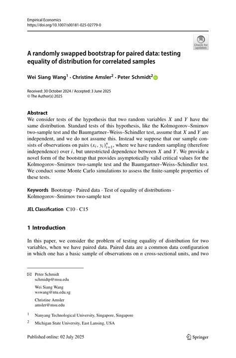 Pdf A Randomly Swapped Bootstrap For Paired Data Testing Equality Of Distribution For