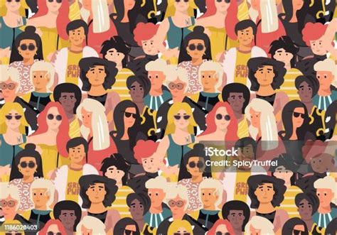 여성 패턴 귀여운 국제 소녀 얼굴 여성 초상화와 원활한 스케치 배경 벡터 페미니스트 운동 포스터 붐비는에 대한 스톡 벡터 아트