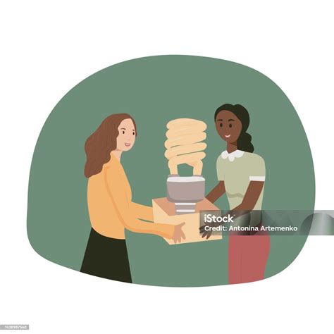 여자는 다른 여자에게 큰 전구를 준다 아이디어 개념 벡터 일러스트 레이 션 Creative Coalition에 대한 스톡 벡터 아트 및 기타 이미지 Creative
