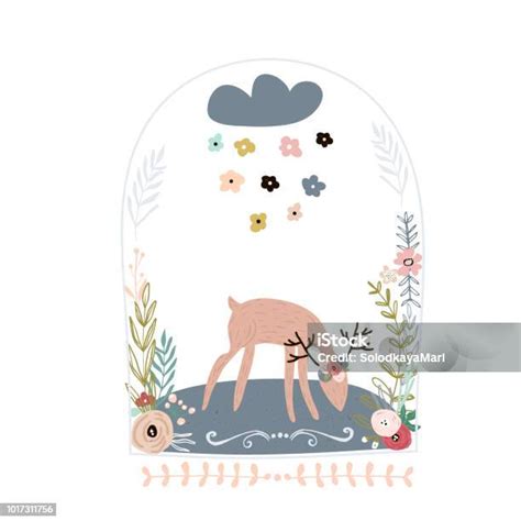 꽃 화 환과 항아리에서 크리에이 티브 사슴입니다 보육 아이 들 의류 포스터 엽서에 대 한 유치 한 인쇄 벡터 일러스트 레이 션 0명에 대한 스톡 벡터 아트 및 기타 이미지