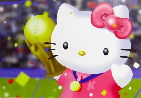 An Animated Hello Kitty Holding A Trophy In Front Of A Stadium Filled With Confetti