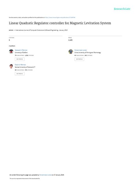 Linear Quadratic Regulatorcontrollerfor Magnetic Levitation System Pdf Control Theory Feedback