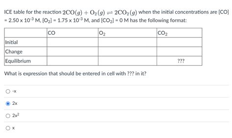 Solved Ice Table For The Reaction 2co G O2 G ⇌2co2 G When
