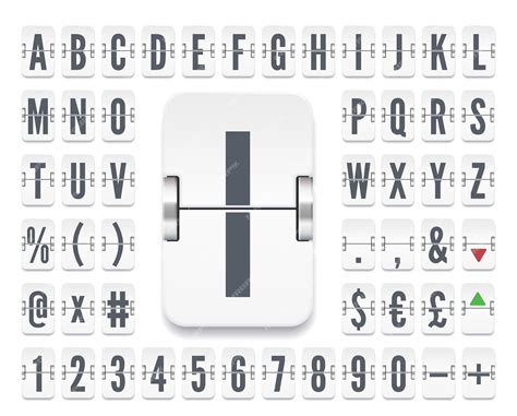 흰색 공항 터미널 기계적 플립 스코어보드 알파벳 글꼴에는 증권 환율 또는 항공편 출발 목적지 정보 및 시간표 벡터 그림이 포함되어 있습니다 프리미엄 벡터