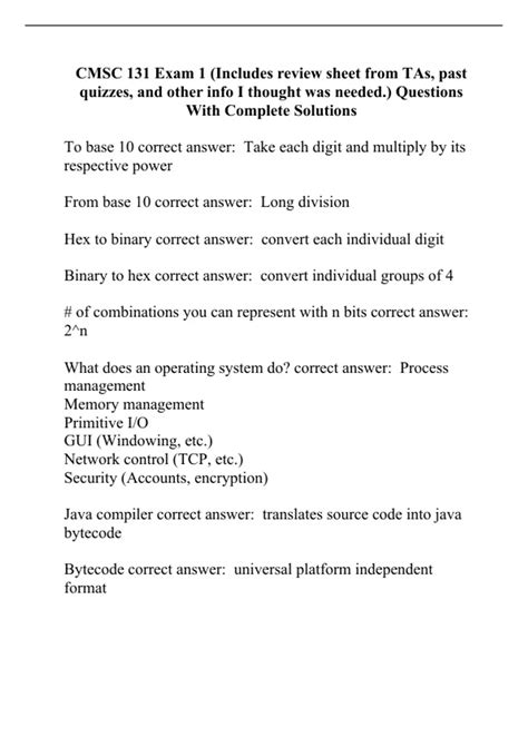cmsc 131 exam 1 includes review sheet from tas past quizzes and