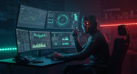 person analyzing data on multiple computer screens in dark futuristic