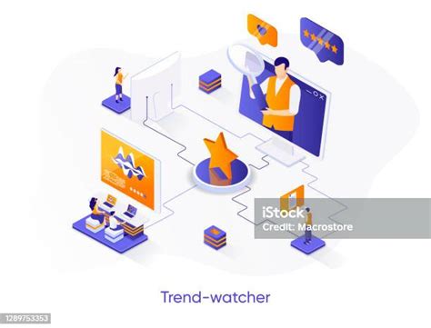 트렌드 감시자 동조 웹 배너 직업 이좀트리 개념을 보는 전문적인 추세 마케팅 연구 및 데이터 분석 3d 씬 평면 설계 3차원 형태에 대한 스톡 벡터 아트 및 기타 이미지