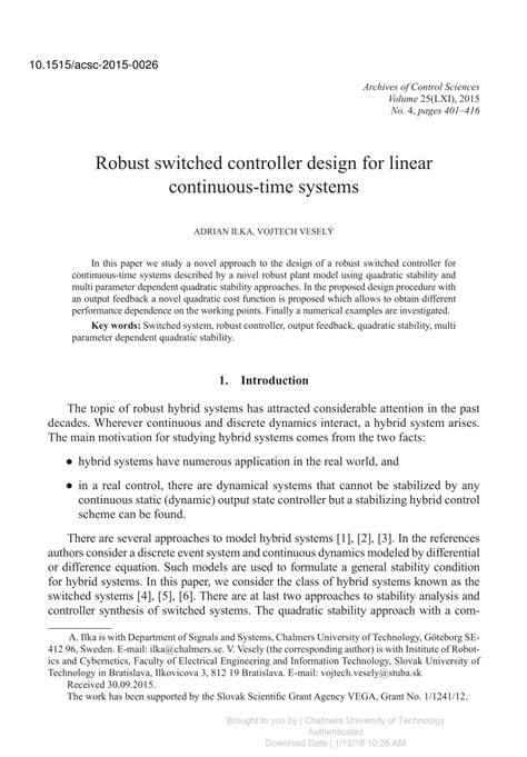Pdf Robust Switched Controller Design For Linear Continuous Time Systems