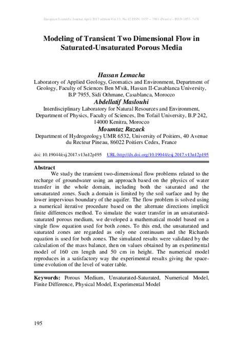 Pdf Modeling Of Transient Two Dimensional Flow In Saturated Unsaturated Porous Media