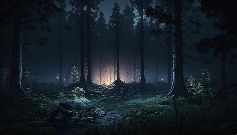 Premium Photo A Dark Forest With A Light On The Ground And A Fire In