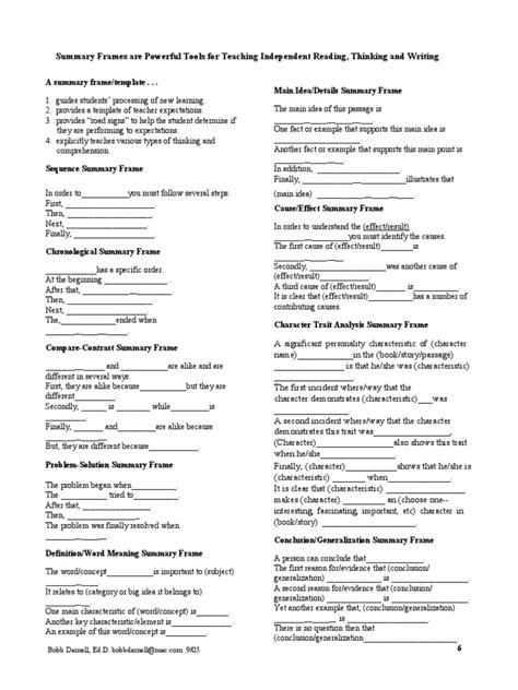 Summary Frames Are Powerful Tools For Teaching Independent Reading