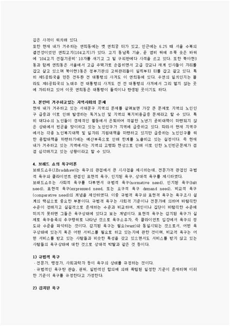 지역사회의 사정절차와 관련하여 본인이 거주하고있는 지역사회의 문제를 중심으로 4가지의 욕구파악규범적욕구 인지적욕구 표출적욕구 상대적 욕구중 2가지를 활용하여