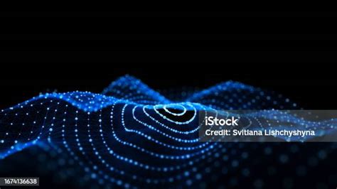 검은색 배경에 파란 빛이 있는 추상적인 원형 물결 움직이는 점과 선이 있는 과학 배경 네트워크 연결 기술 입자가 있는 디지털 구조 3d 렌더링 0명에 대한 스톡 사진 및
